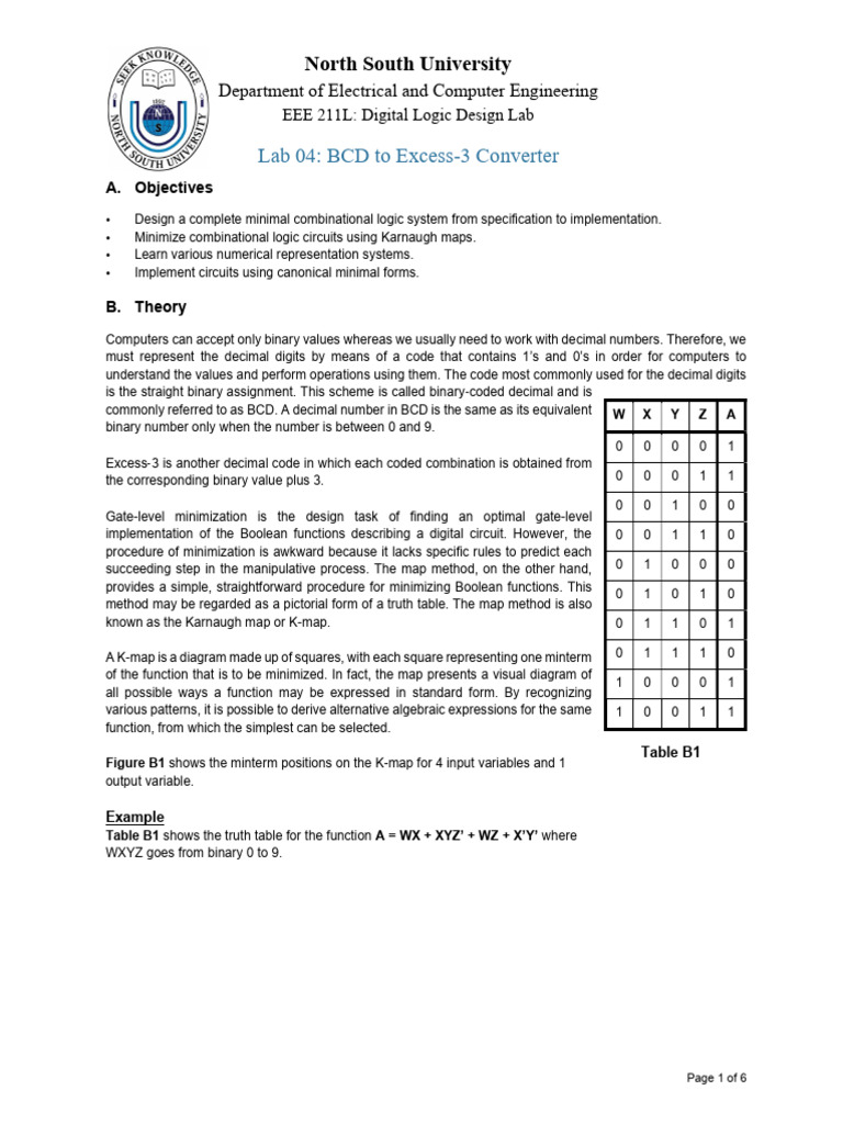 EEE211 Lab Manual 04 - BCD To Excess-3 Converter | PDF | Binary Coded Decimal | Logic Synthesis