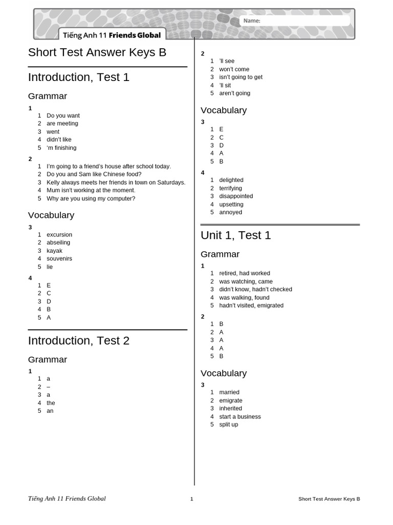 TA 11 Friends Global - Short - Test - Answer - Keys - B | PDF