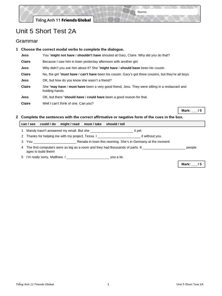 Unit 5 Grammar and Vocabulary Test | PDF | Linguistic Typology ...
