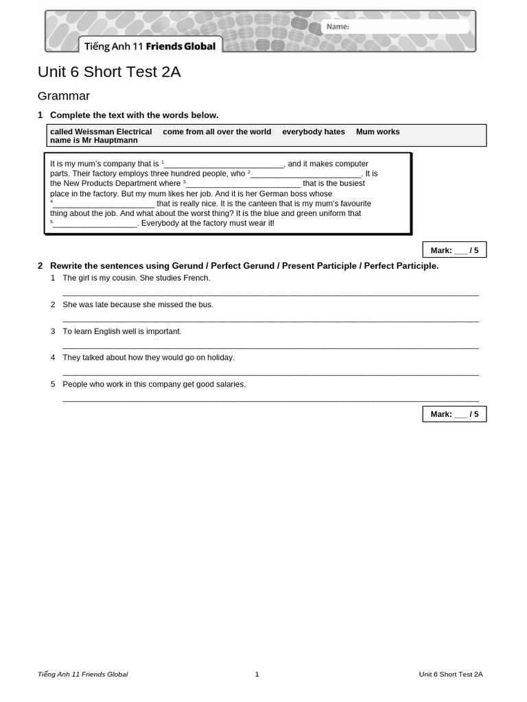 Unit 6 Short Test 2A: Grammar & Vocabulary | PDF | Semantic Units ...