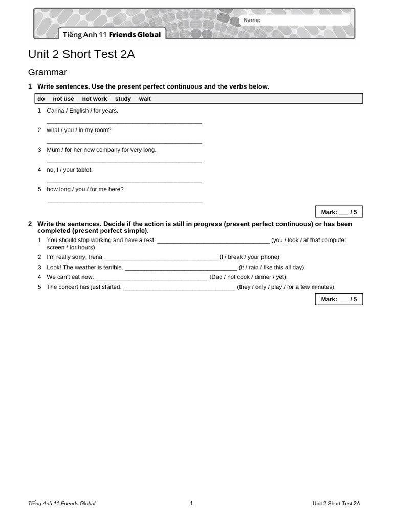 TA 11 Friends Global Unit 2 Short Test 2a | PDF | Language Mechanics ...
