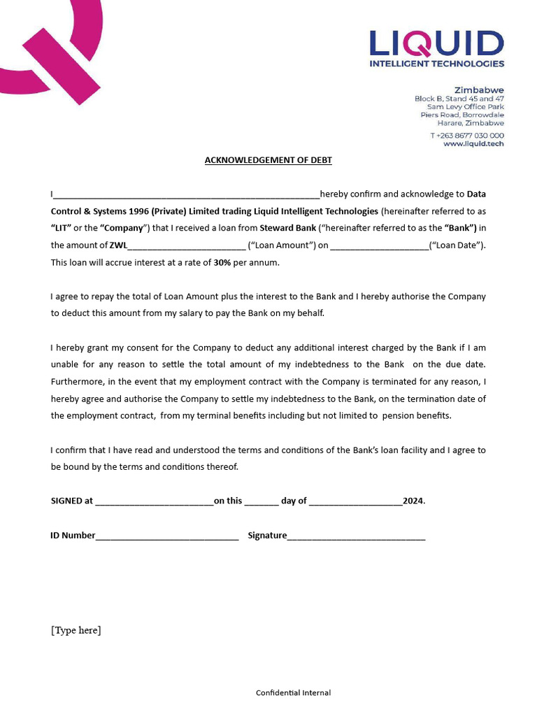 Acknowledgement of Debt Form 1 Word | PDF