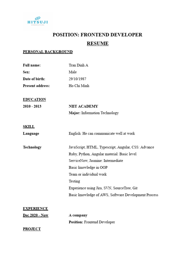 HITSUJI - CV - Frontend Developer - Tran Dinh A | PDF | Angular Js | J ...