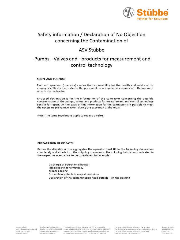 ASV Stübbe Contamination Declaration Guide | PDF | Safety ...