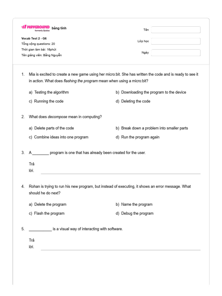 Worksheet Review - Vocab Test 2 - G6 | PDF | Computer Program | Programming