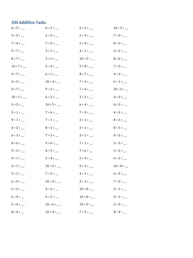 100 Addition Tasks No Numbers | PDF