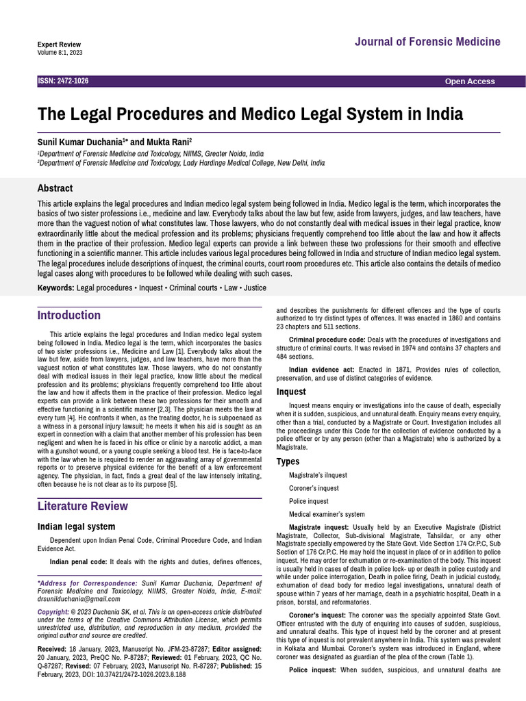 The Legal Procedures and Medico Legal System in India | PDF | Coroner ...