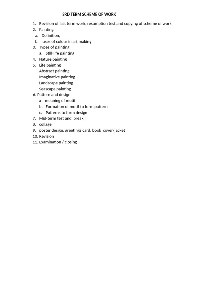 3rd Term Art Scheme of Work Overview | PDF | Color | Teachers