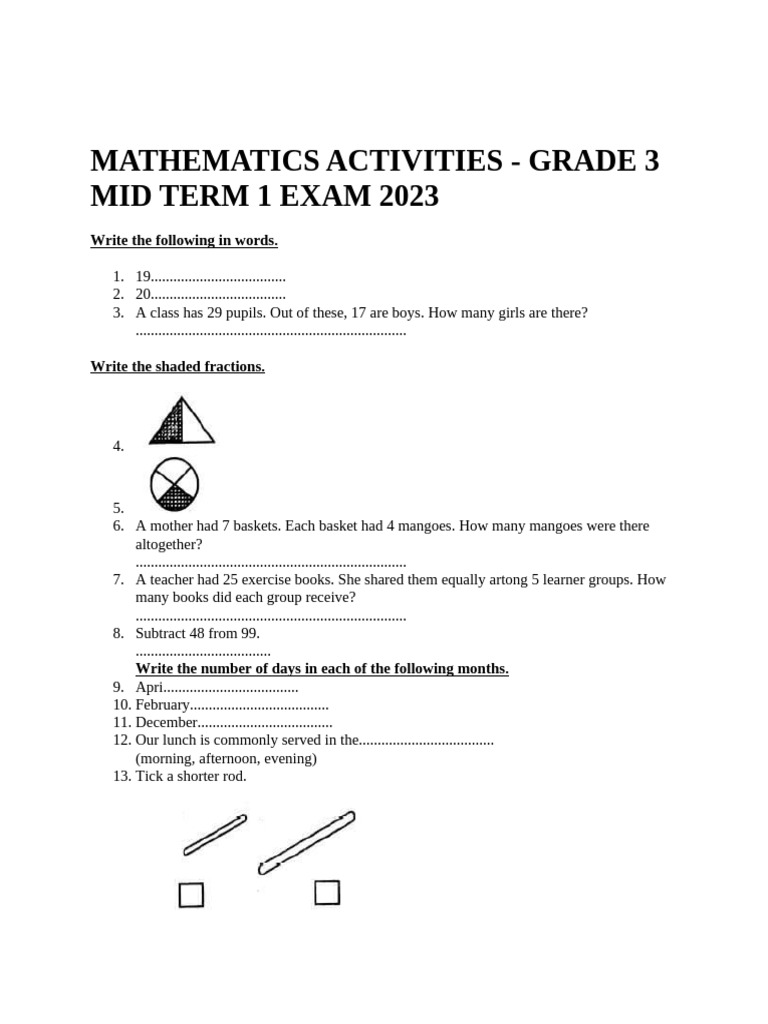 Grade 3 Math Activities Exam 2023 | PDF
