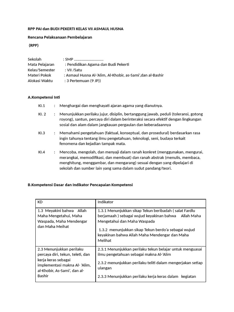 RPP PAI Dan BUDI PEKERTI KELAS VII ASMAUL HUSNA | PDF