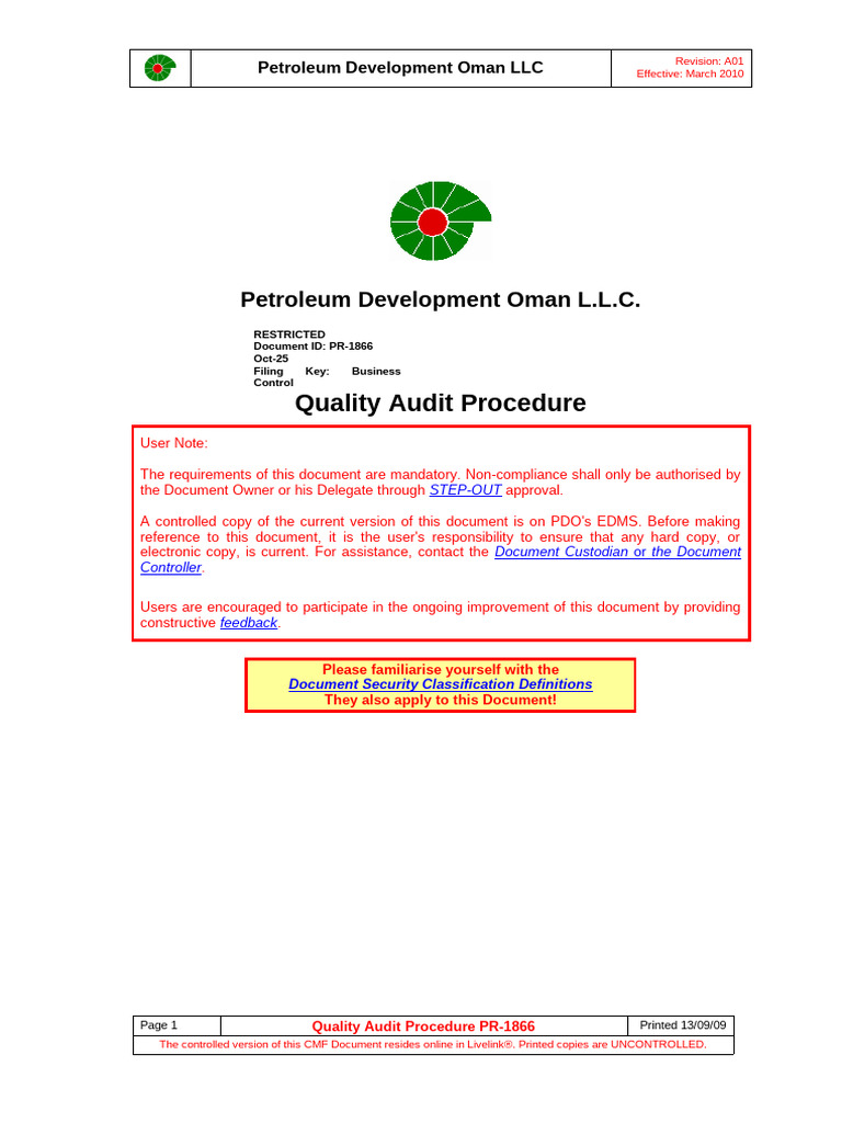 PDO Quality Audit Procedure A01 | PDF | Audit | Risk