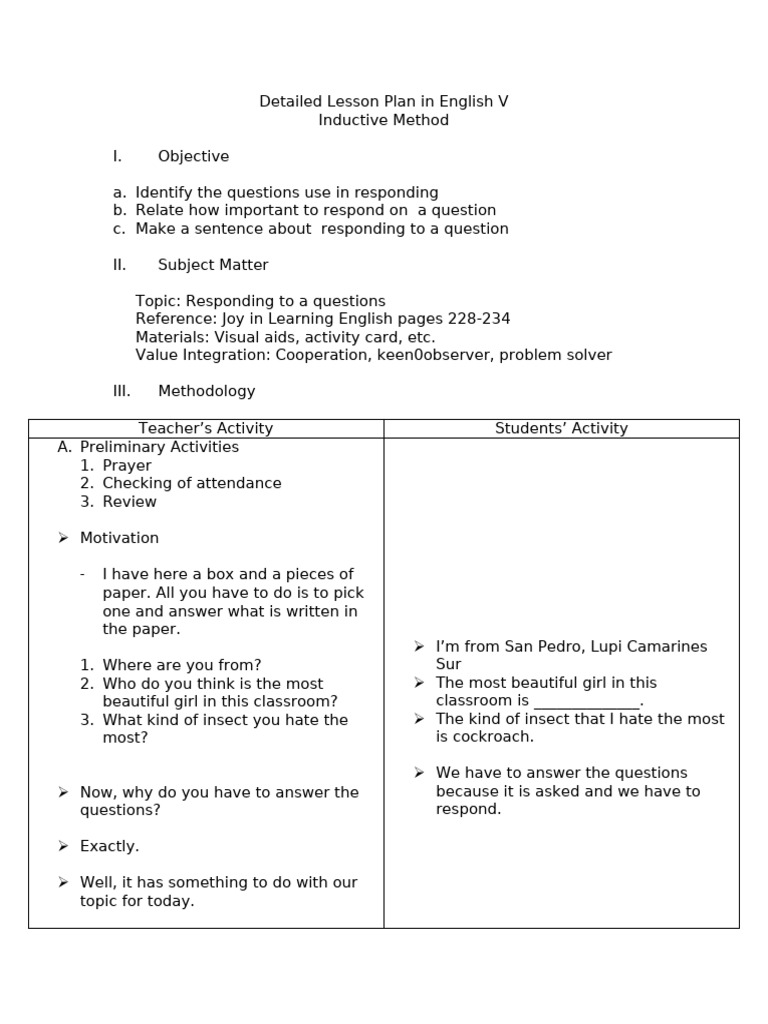 Detailed Lesson Plan in English V | PDF | Question | Lesson Plan