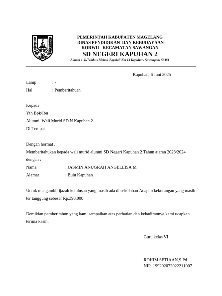 Pemberitahuan Pengambilan Ijazah SD Kapuhan 2 | PDF