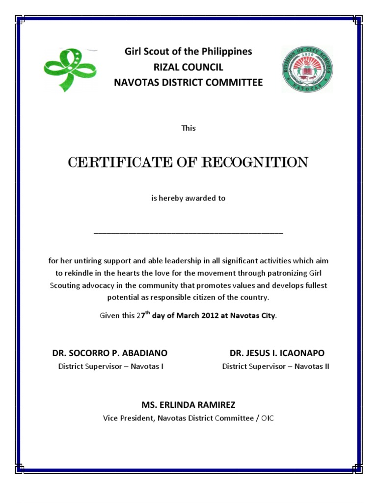 Girl Scout Certificate of Recognition | PDF | Social Science