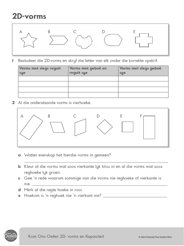 Graad 5 Wiskunde Kom Ons Oefen 2D Vorms en Kapasiteit Met OUP | PDF