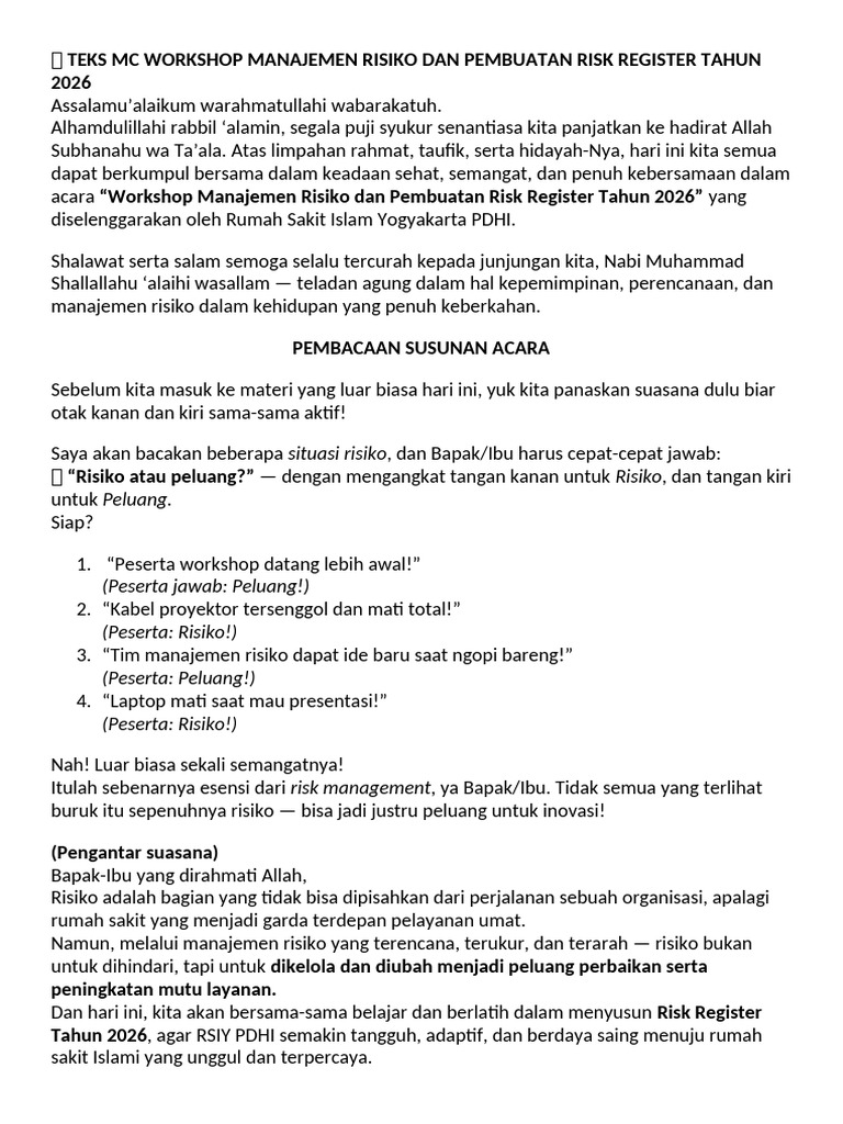 ? Teks MC Workshop Manajemen Risiko Dan Pembuatan Risk Register Tahun ...