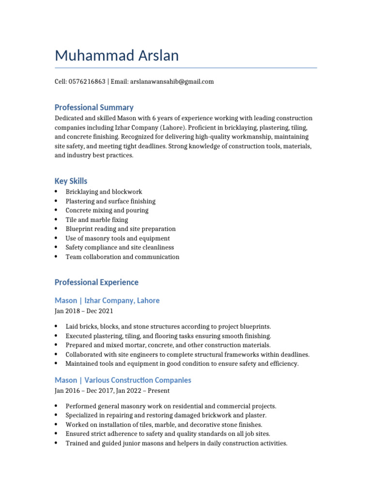Muhammad Arslan Mason CV | PDF