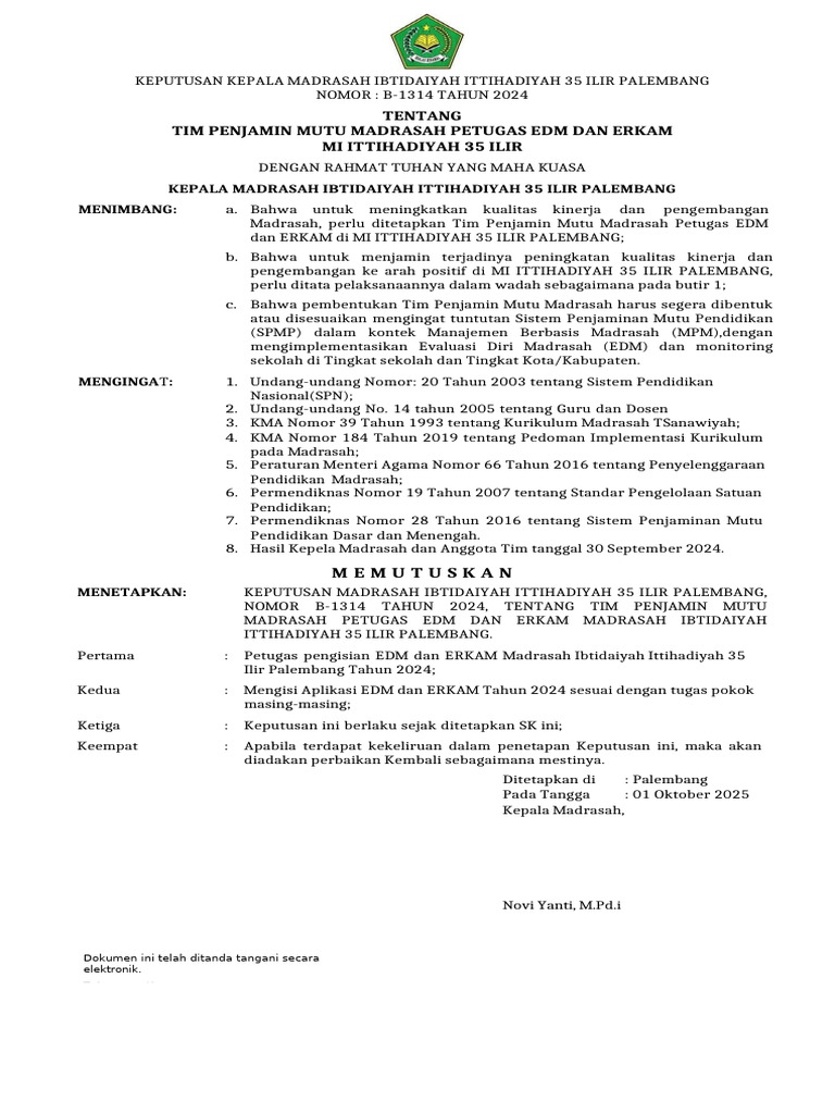 SK Tim Penjamin Mutu Madrasah Petugas Edm Dan Erkam Mts.n.2 Kota PLG 2024. | PDF
