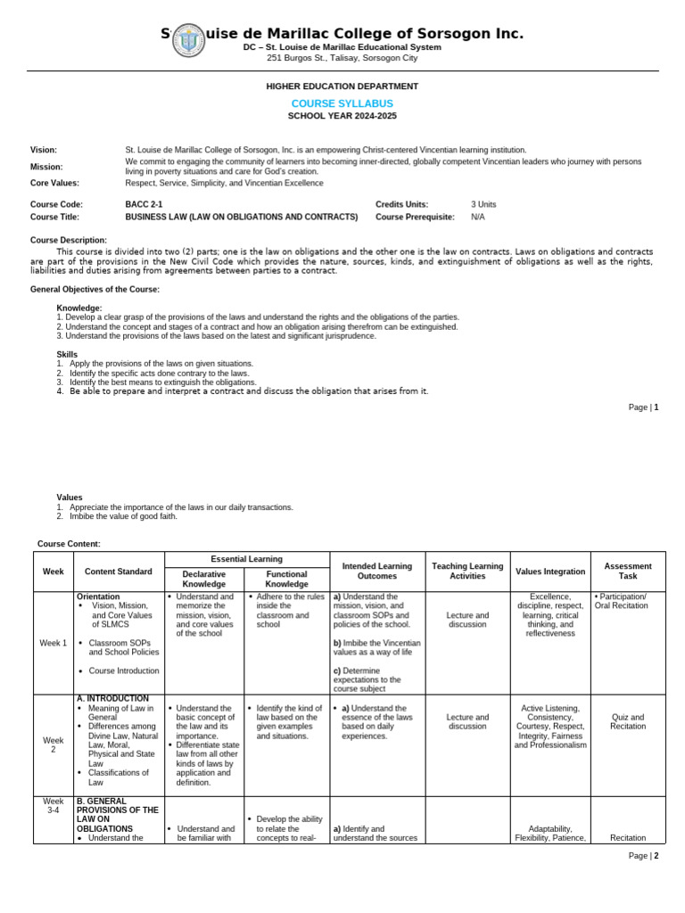 Law On Obligations and Contracts-Syllabus | PDF | Learning | Value (Ethics)