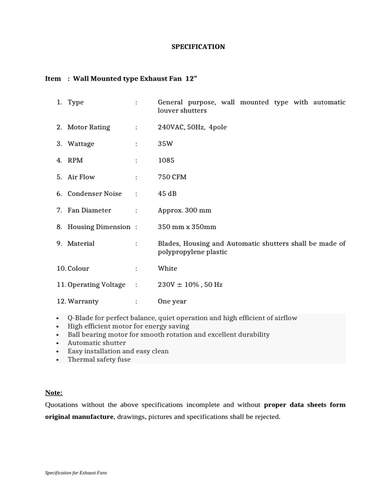 Wall Mounted Exhaust Fan Specifications | PDF