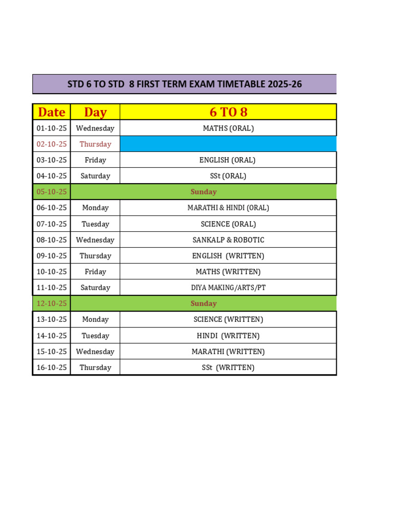 Frist Exam Timtable 2025-26 STD 6 - 8 | PDF