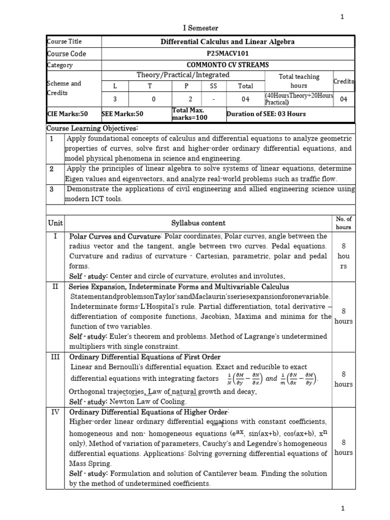 Differential Calculus & Linear Algebra Course | PDF | Equations ...