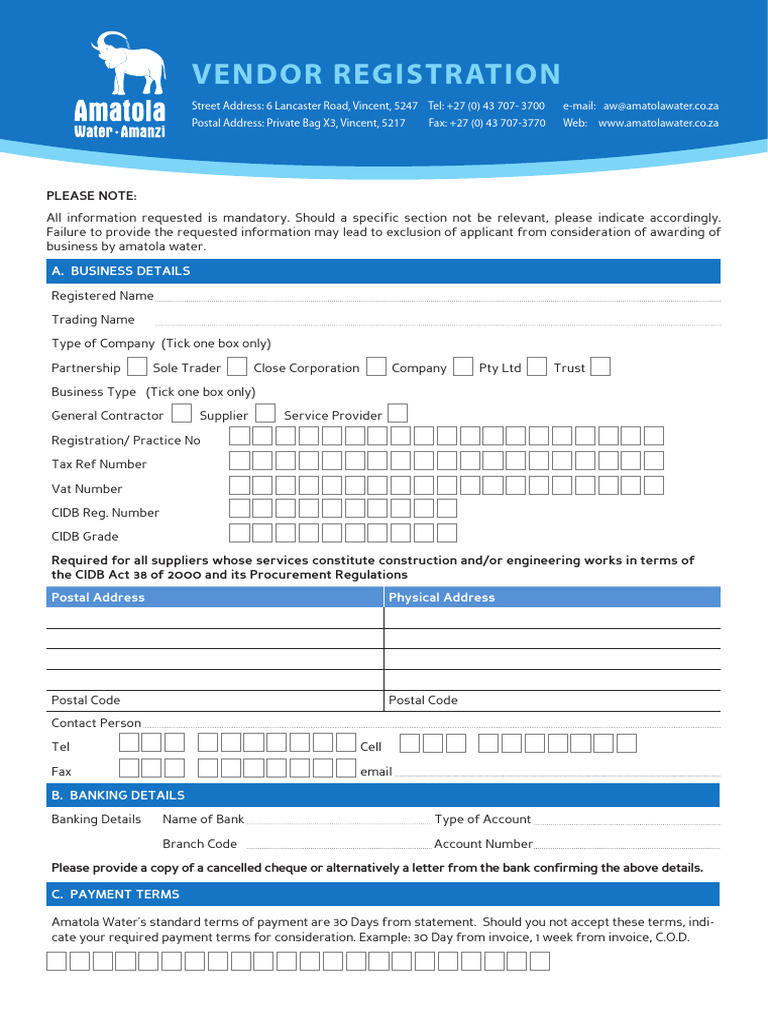 Amatola Water Vendor Registration Form | PDF | Pipe (Fluid Conveyance ...