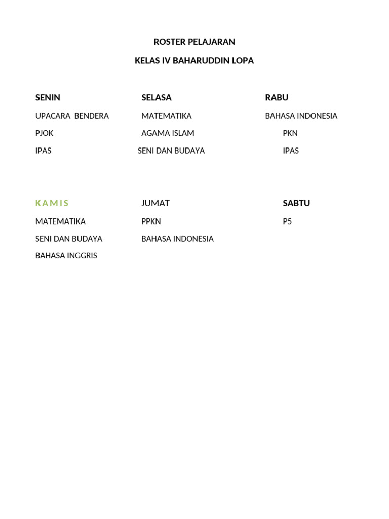 Roster Pelajaran Ashraf | PDF