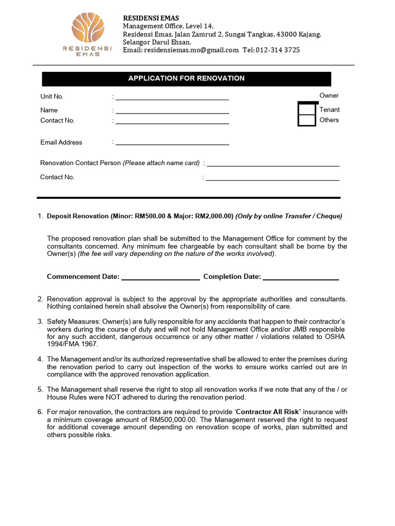 Renovation Guidelines for Residensi Emas | PDF | Indemnity