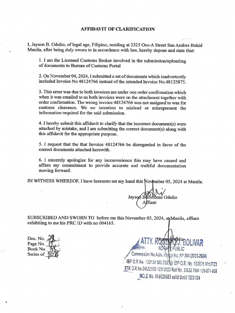 Affidavit of Clarification | PDF