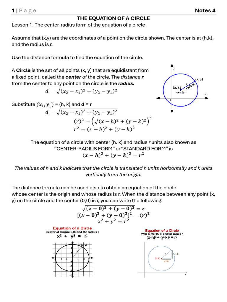 Handout The Equation of A Circle | PDF | Circle | Equations