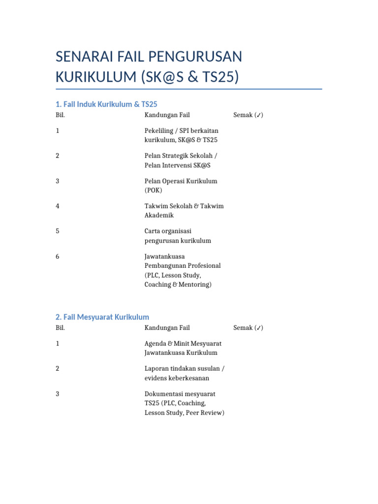 Senarai Fail Kurikulum SKAS TS25 | PDF