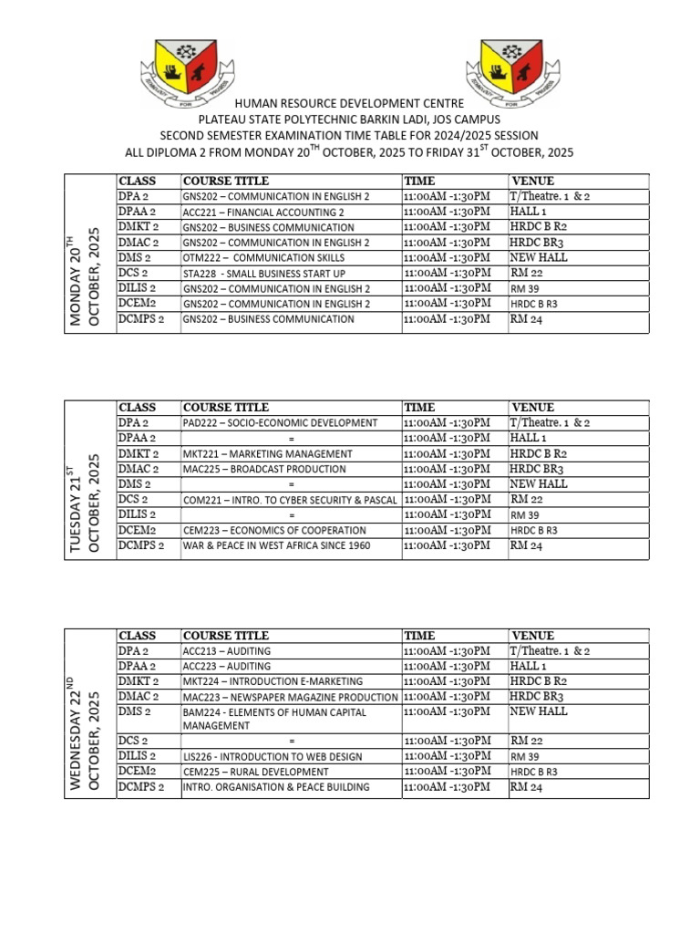 Diploma 2 Second Semester Adjusted Examination Time Table 2024-2025 ...