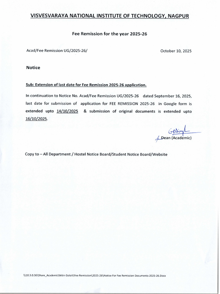 Fee Remission Extension Notice | PDF