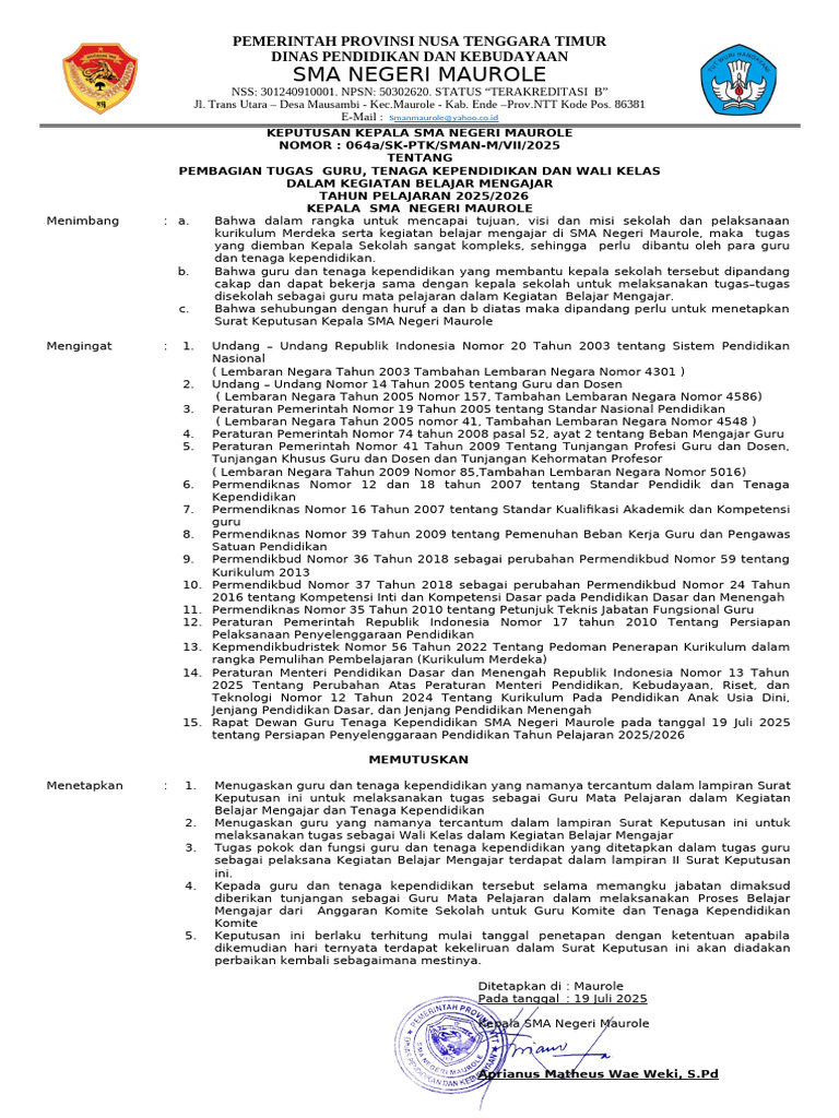SK Pembagian Tugas 2025-2026 | PDF