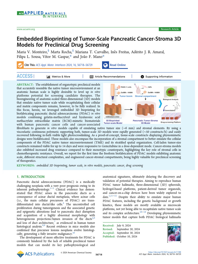 Monteiro Et Al 2024 Embedded Bioprinting of Tumor Scale Pancreatic Cancer Stroma 3d Models For ...