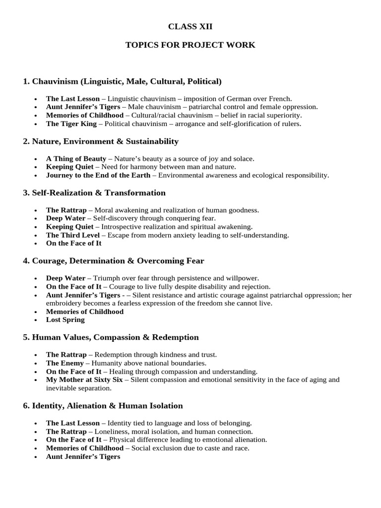 Class XII Project Work Topics Overview | PDF | Liberal Arts Education ...
