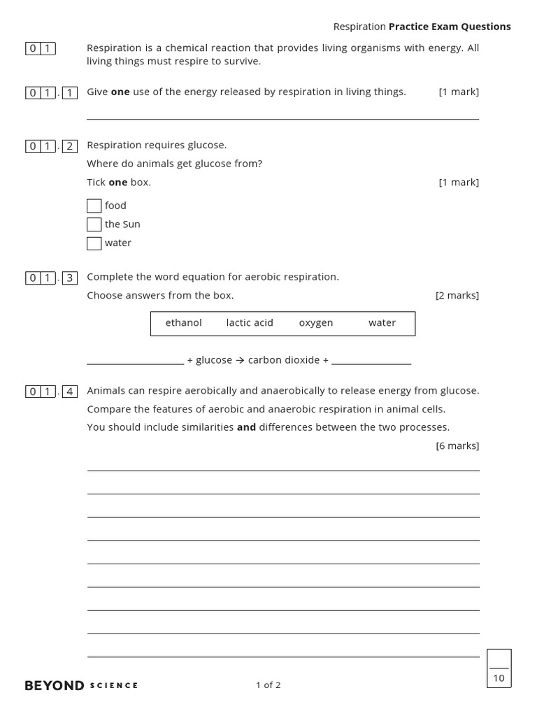 Respiration Exam Questions for KS3 Science | PDF | Cellular Respiration ...