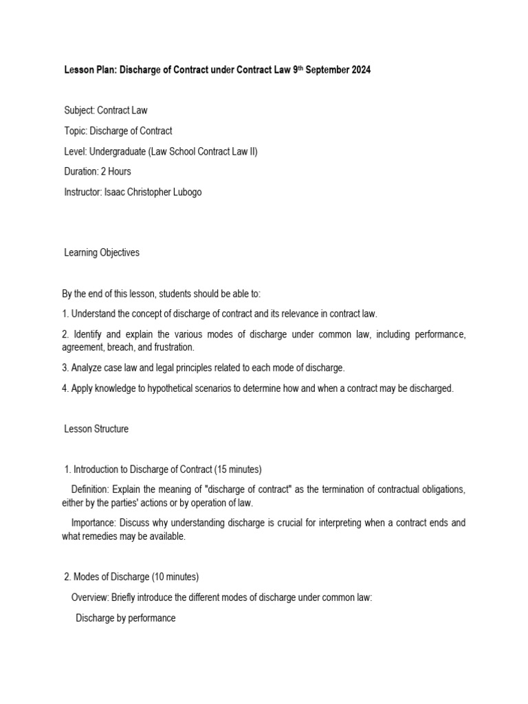 Discharge of Contract: Law Lesson Plan | PDF | Damages | Breach Of Contract
