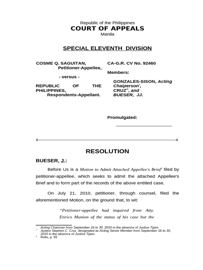 CV 92460 Saguitan vs. Republic of The Philippines (Motion To Admit ...