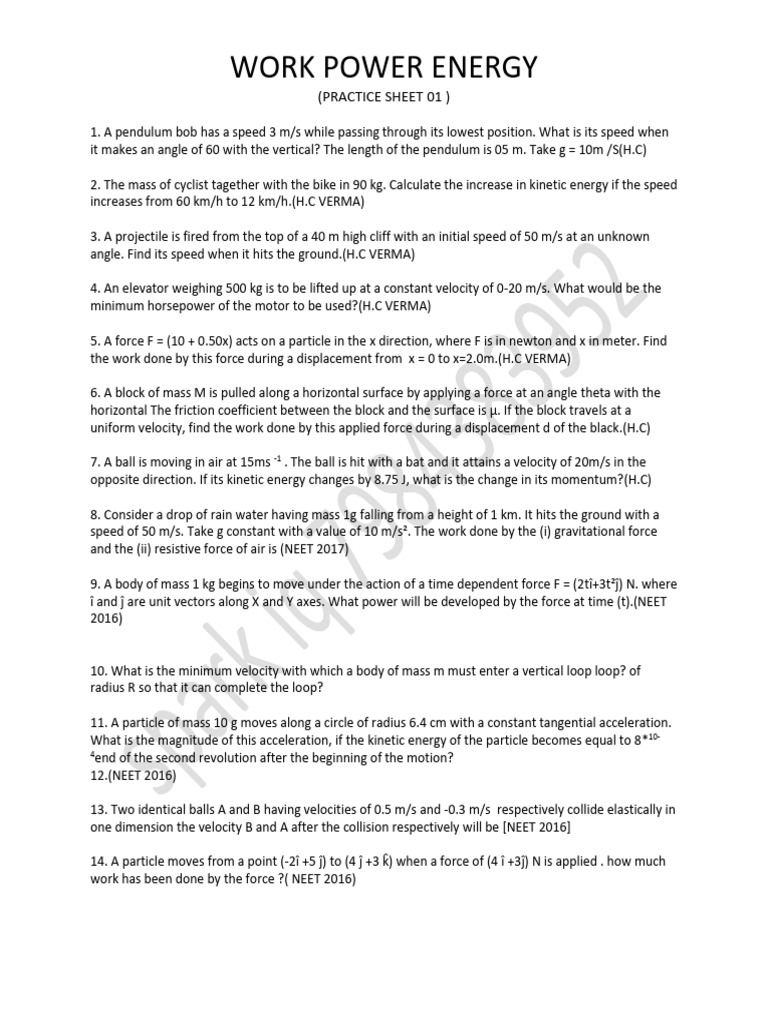 Work Power Energy Class 11 Sheet 01 | PDF | Force | Acceleration