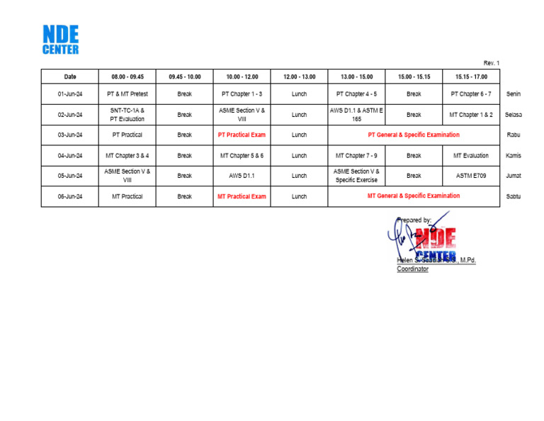PT & MT Training Schedule 1 - 6 July 2024 Rev. 1 | PDF