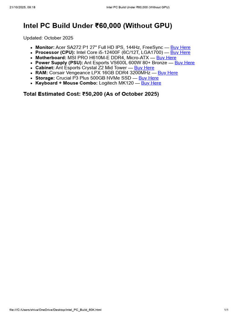 Intel PC Build Under 60,000 (Without GPU) | PDF