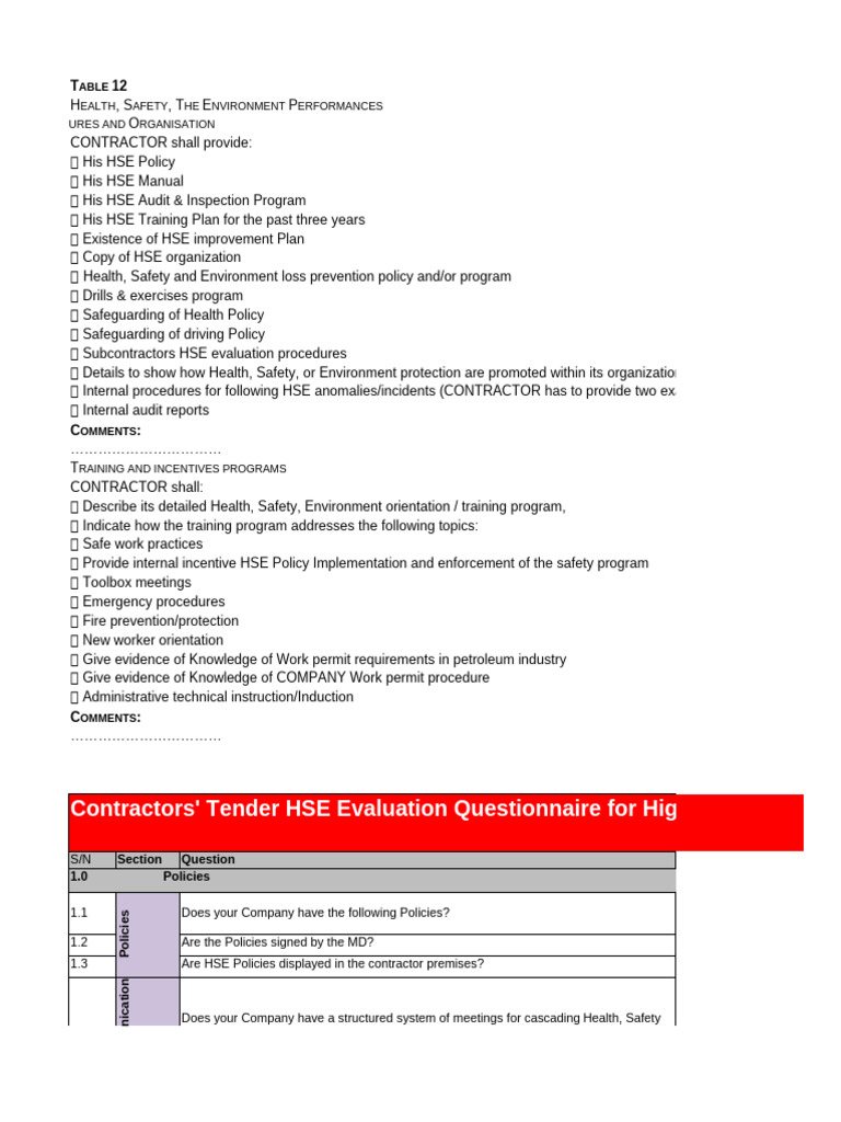 Contractor HSE Evaluation Checklist | PDF | Risk | Occupational Safety ...