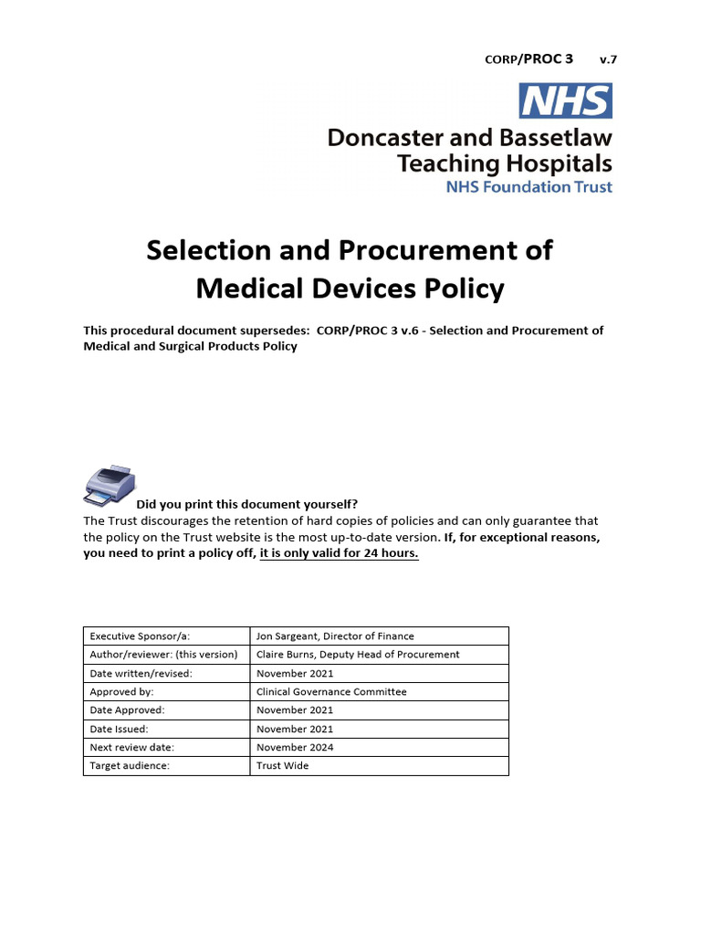 Selection and Procurement of Medical Devices Policy NHS | PDF | Medical Device | Procurement
