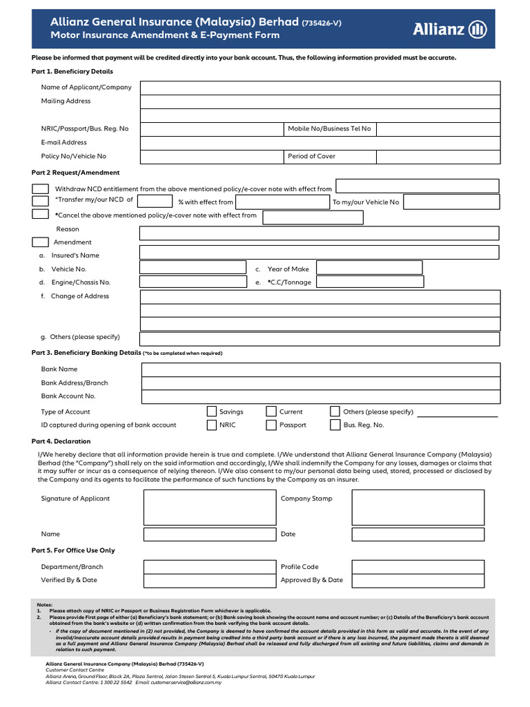 Motor Insurance Payment & Amendment Form | PDF | Insurance | Banks
