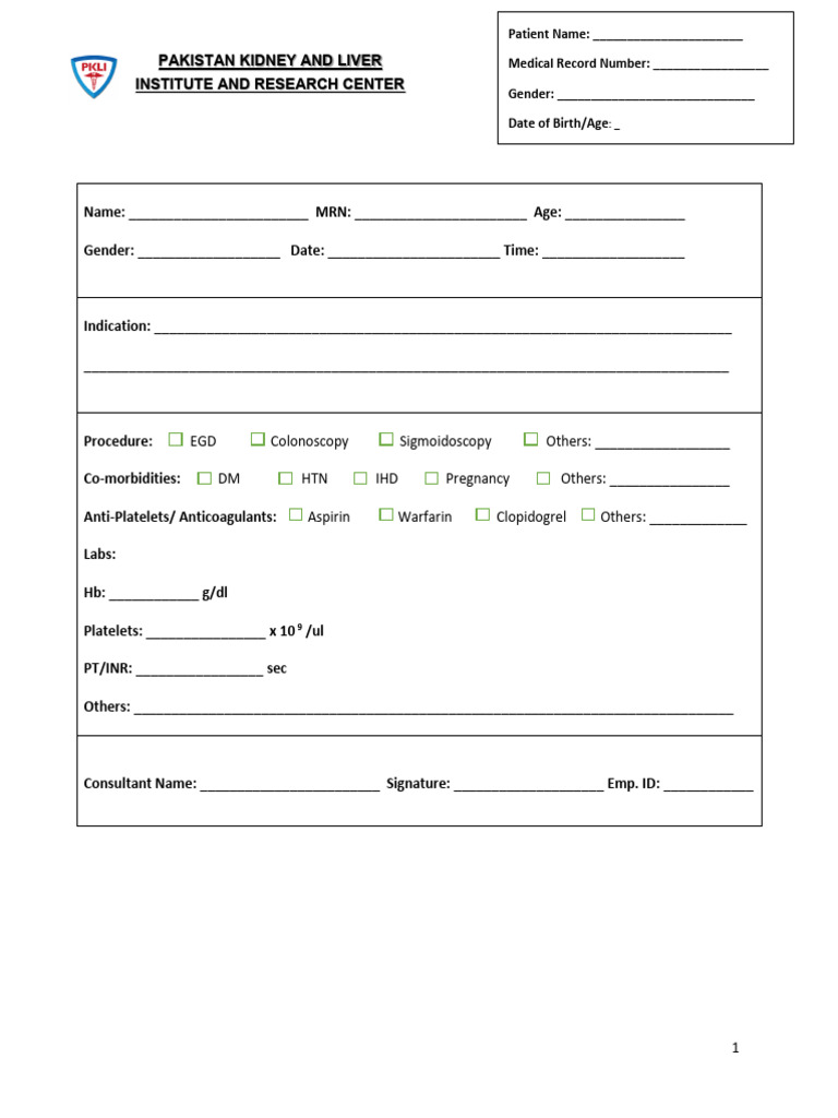 Endoscopy Request Form - Pakistan Kidney Institute | PDF