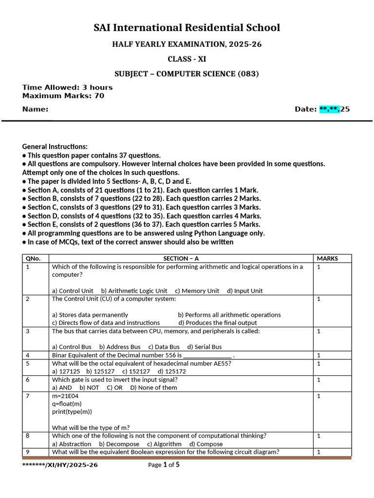 Class 11 Computerscience Hy Questionpaper 19 09 2025 | PDF | Computer Architecture | Computer ...