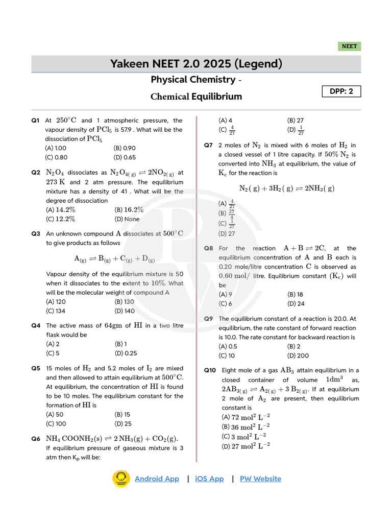 Open Chemical Equilibrium DPP 02 (Of Lec-03) Yakeen NEET 2.0 2025 ...