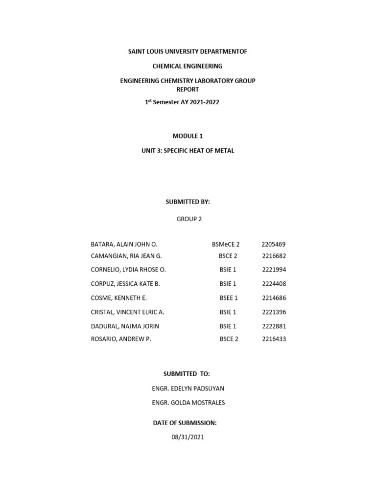 Specific Heat of Metals Lab Report | PDF | Heat | Temperature